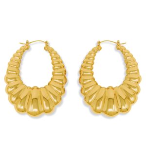 pnk trend gold plated scalloped hoop earrings for women-oval shaped shrimp puffy hollow hoop door knocker pin-catch earrings 50 mm/ 2 inch with jewelry box