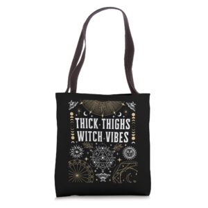 thick thighs witch vibes witchy wicca funny gym quote tote bag