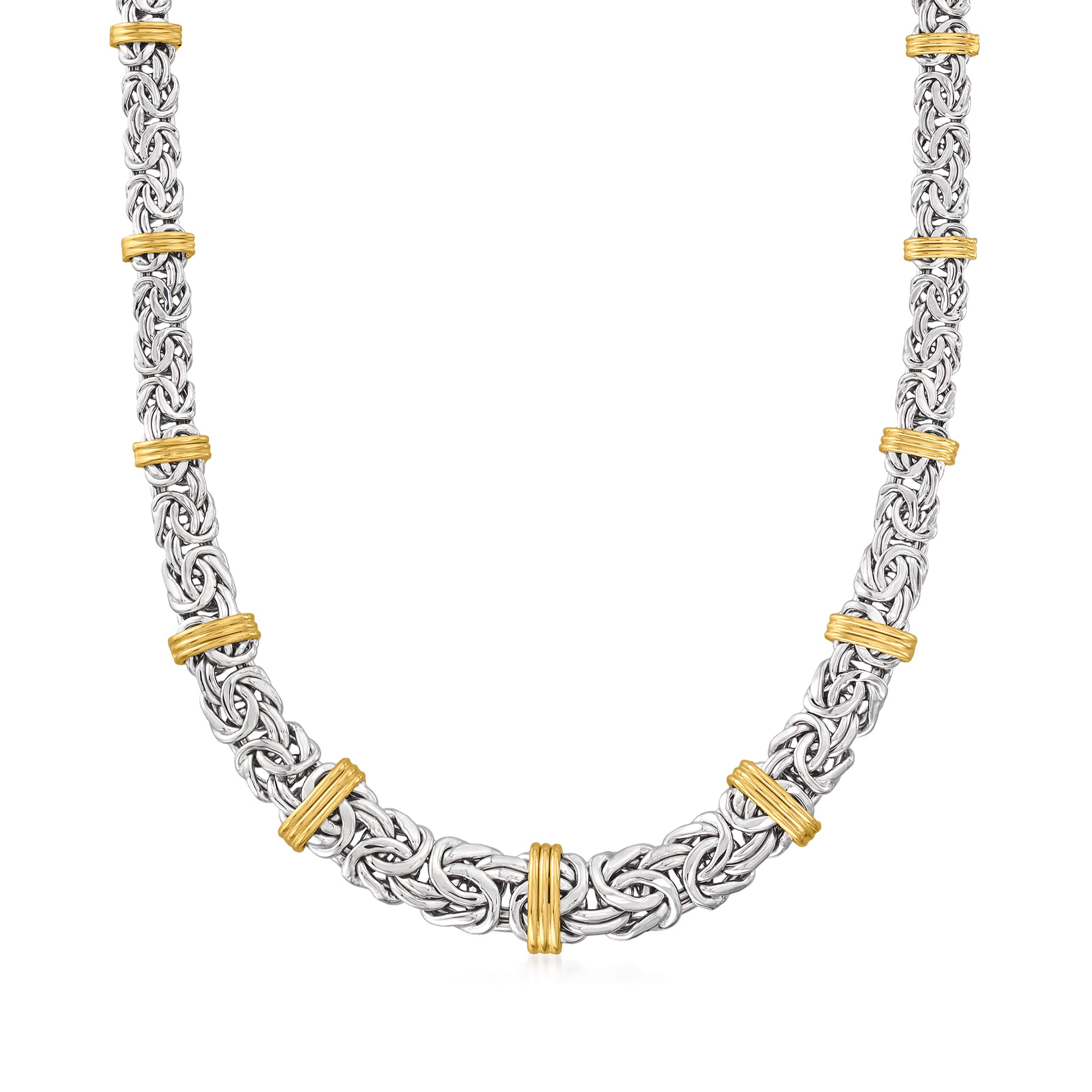 Ross-Simons Graduated Byzantine Necklace in Sterling Silver and 14kt Yellow Gold. 18 inches