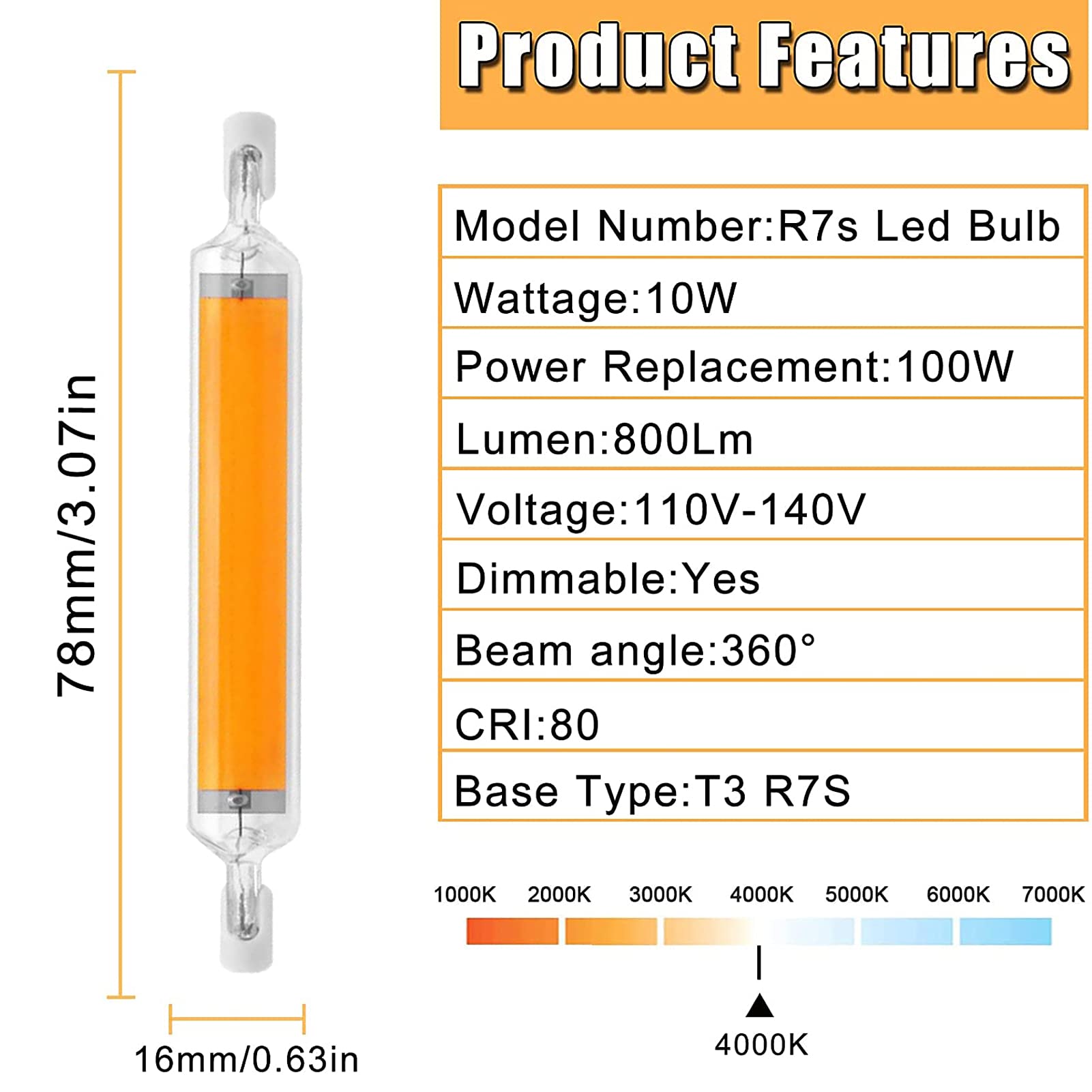 10 Pack 78mm 10W R7S LED Bulbs 100W Halogen Replacement LED R7S Light Bulb J T-Ype T3 Double Ended Work Bulbs for Garage Light Floodlight, Dimmable ,Natural White 4000k