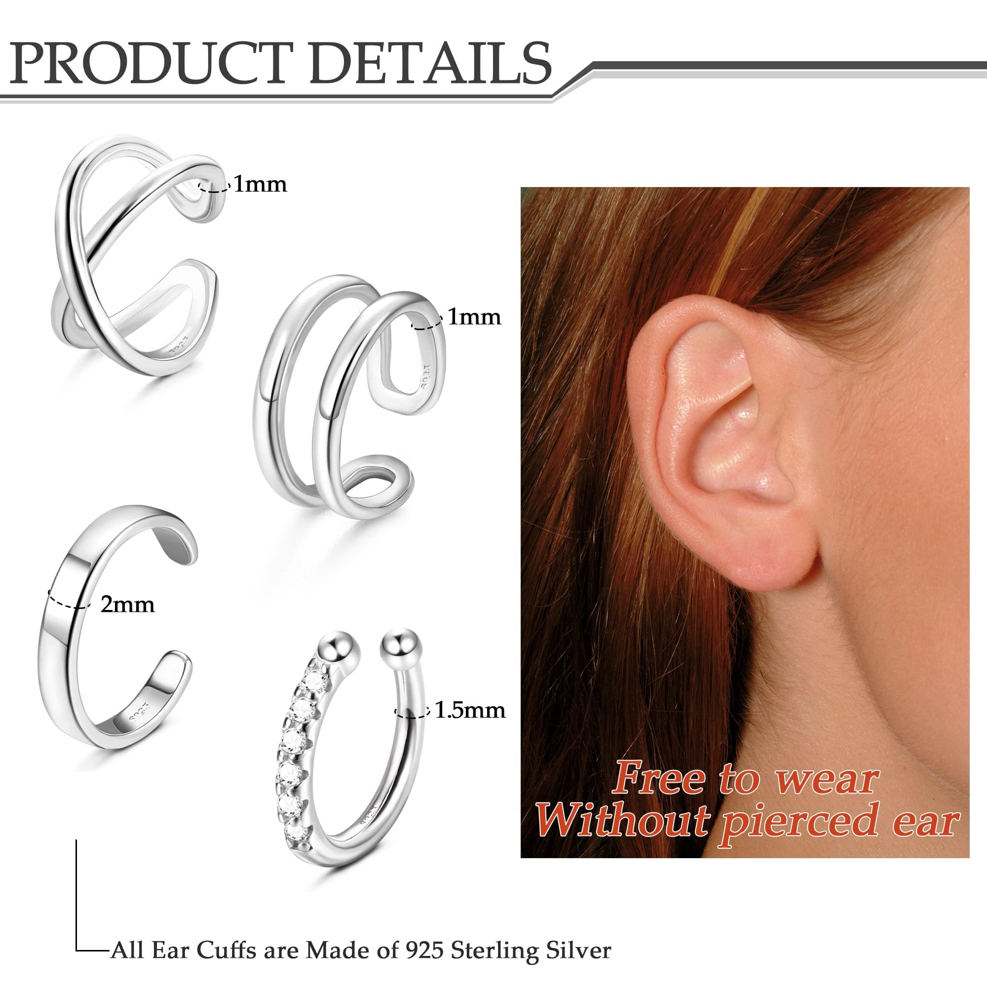 Thunaraz 925 Sterling Silver Ear Cuffs for Women No Piercing Minimalist Helix Cartilage Ear Clip Criss Cross Double Lines Fake Cartilage Piercing 4 Styles