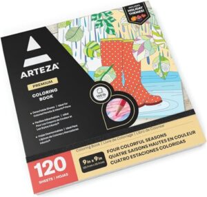 arteza adult coloring book, 4 seasons theme, 120 sheets, 9x9 inches coloring pages, 100 lb paper