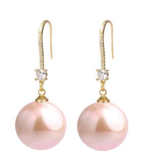 big pearls drop dangle sterling silver 18k gold plated ear hook pearls earrings for women ladies girls,hypoallergenic red,white&pink pearls dangle drop earrings with cubic zirconia large big pearls earrings(big pearls diameter 13-14 mm