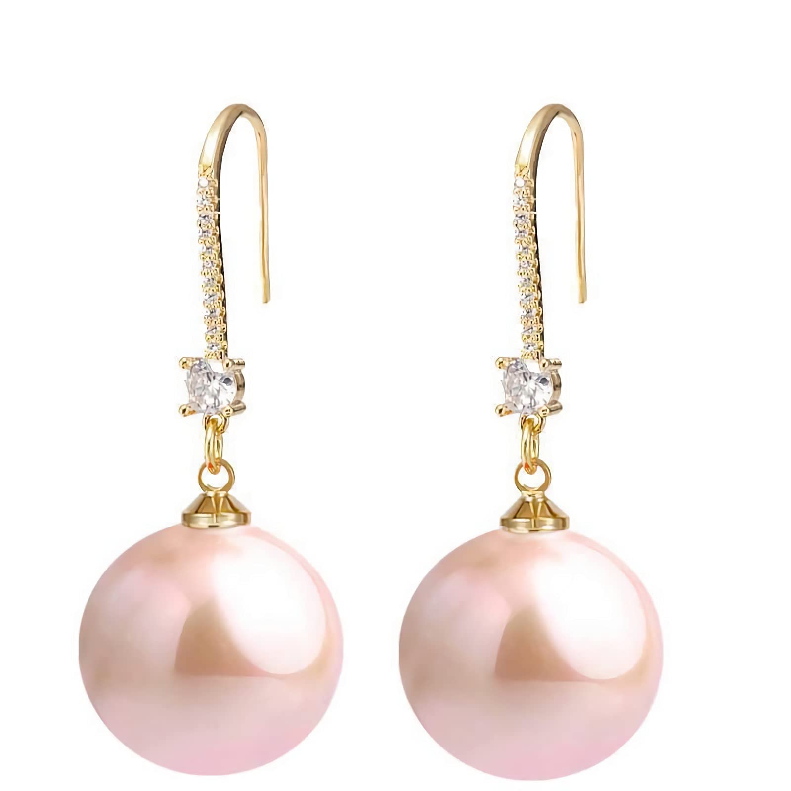 Big Pearls drop dangle Sterling Silver 18k Gold Plated Ear Hook Pearls Earrings for Women Ladies GirlS,Hypoallergenic red,White&Pink Pearls Dangle Drop Earrings with Cubic Zirconia large big Pearls Earrings(Big Pearls diameter 13-14 mm