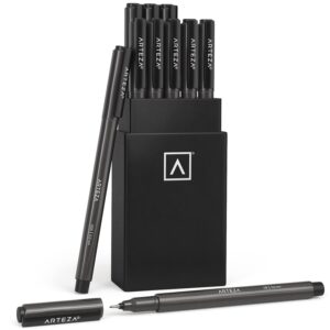 arteza micron pens, set of 10 black ink archival fineliners, quick-dry, assorted sizes calligraphy pens from 0.2mm to 7.9mm