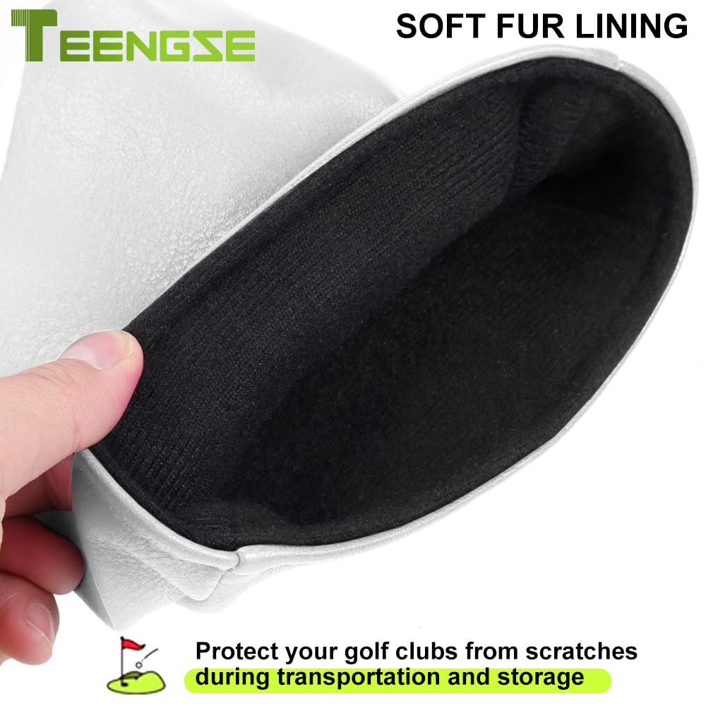 TEENGSE 3PCS PU Leather Golf Cover, Golf Club Head Covers Set with Classic Stripes for Protecting Wood Hybrid Golf Clubs, Waterproof and Lightweight