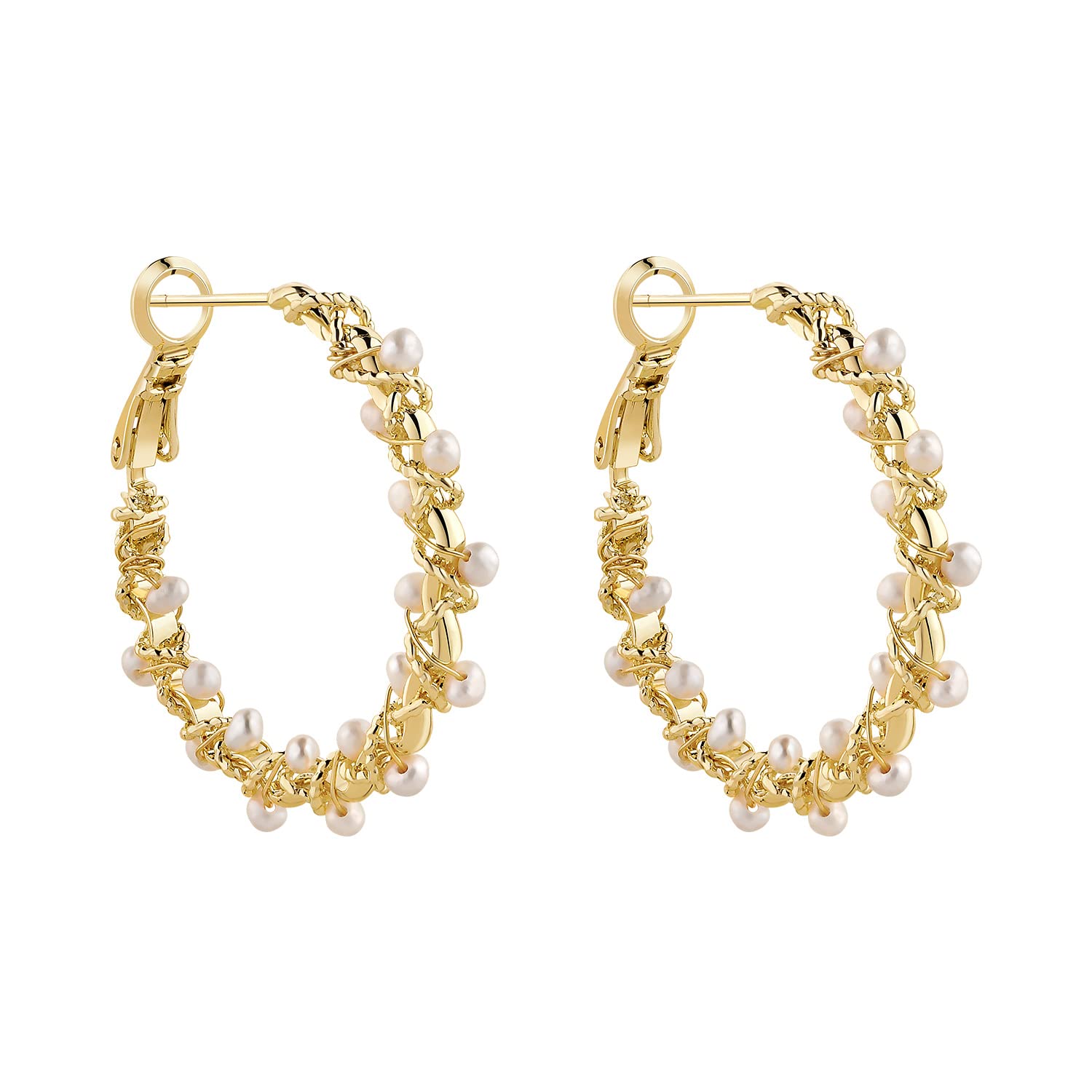 Kemstone Gold Hoop Earrings, 925 Silver Post Freshwater Pearls Hoop Earrings for Women