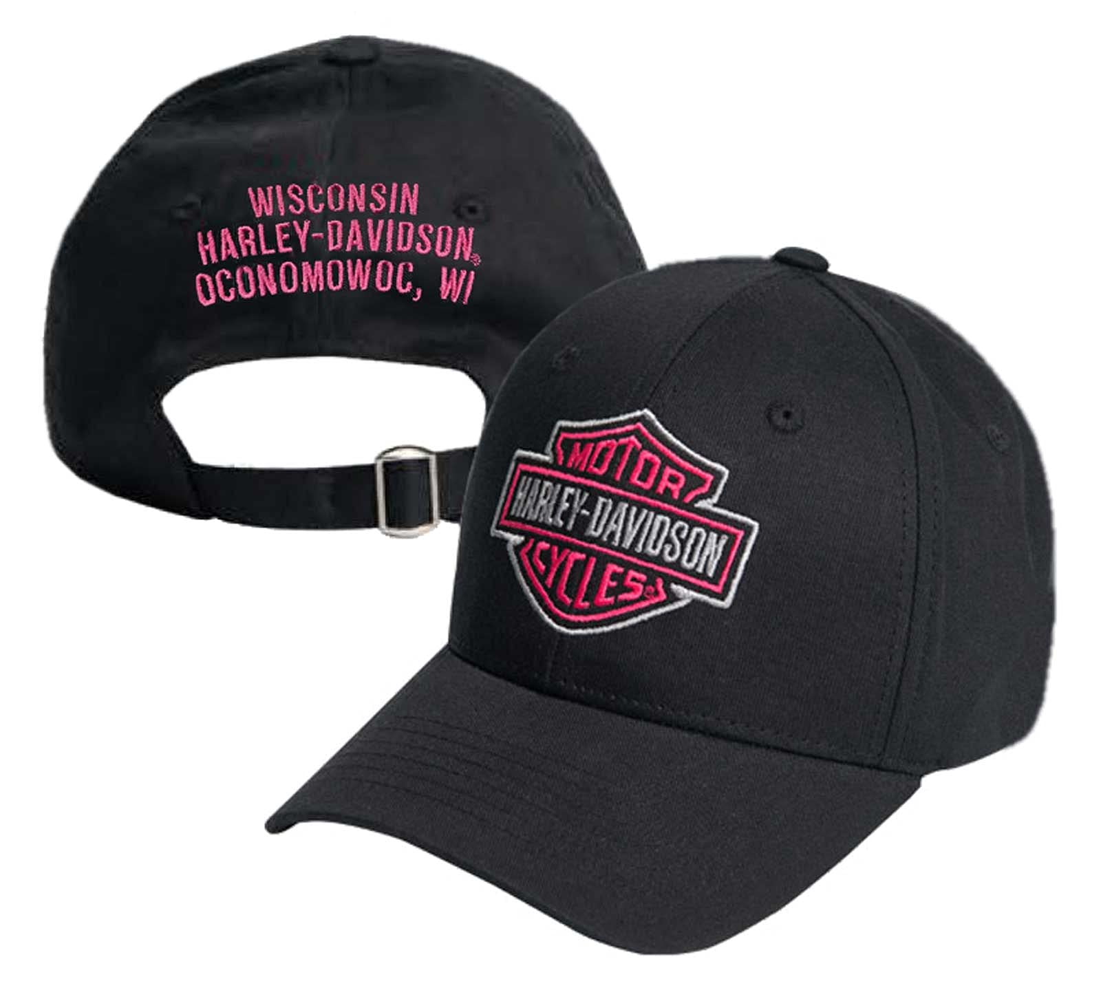 Harley-Davidson Women's Pink B&S Curved Bill Slide Buckle Baseball Cap - Black