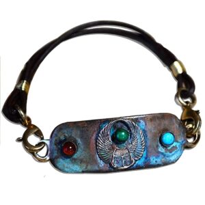 elaine coyne collectible artwear verdigris patina brass egyptian scarab rockband bracelet - carnelian, malachite, turquoise