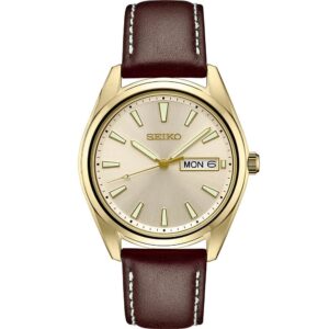 seiko sur450 watch for men - essentials - champagne dial, day/date calendar, lumibrite hands and markets, leather bracelet, 100m water-resistant