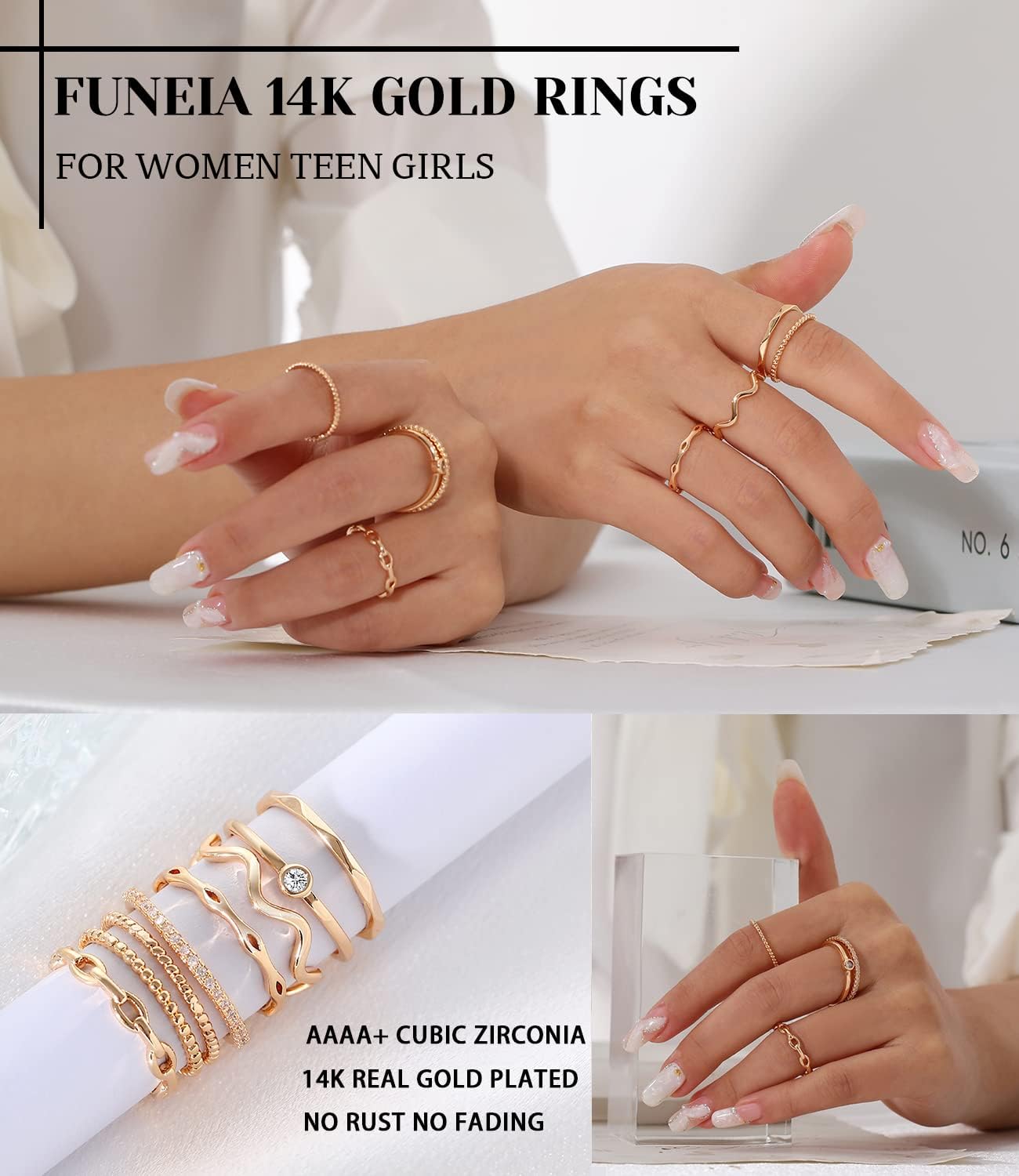 FUNEIA 8PCS 14K Gold Plated Stacking Rings for Women Size 4 to Size 12 Gold Silver Stackable Knuckle Rings Set Simple Thumb Thin Wedding Pain Band Rings