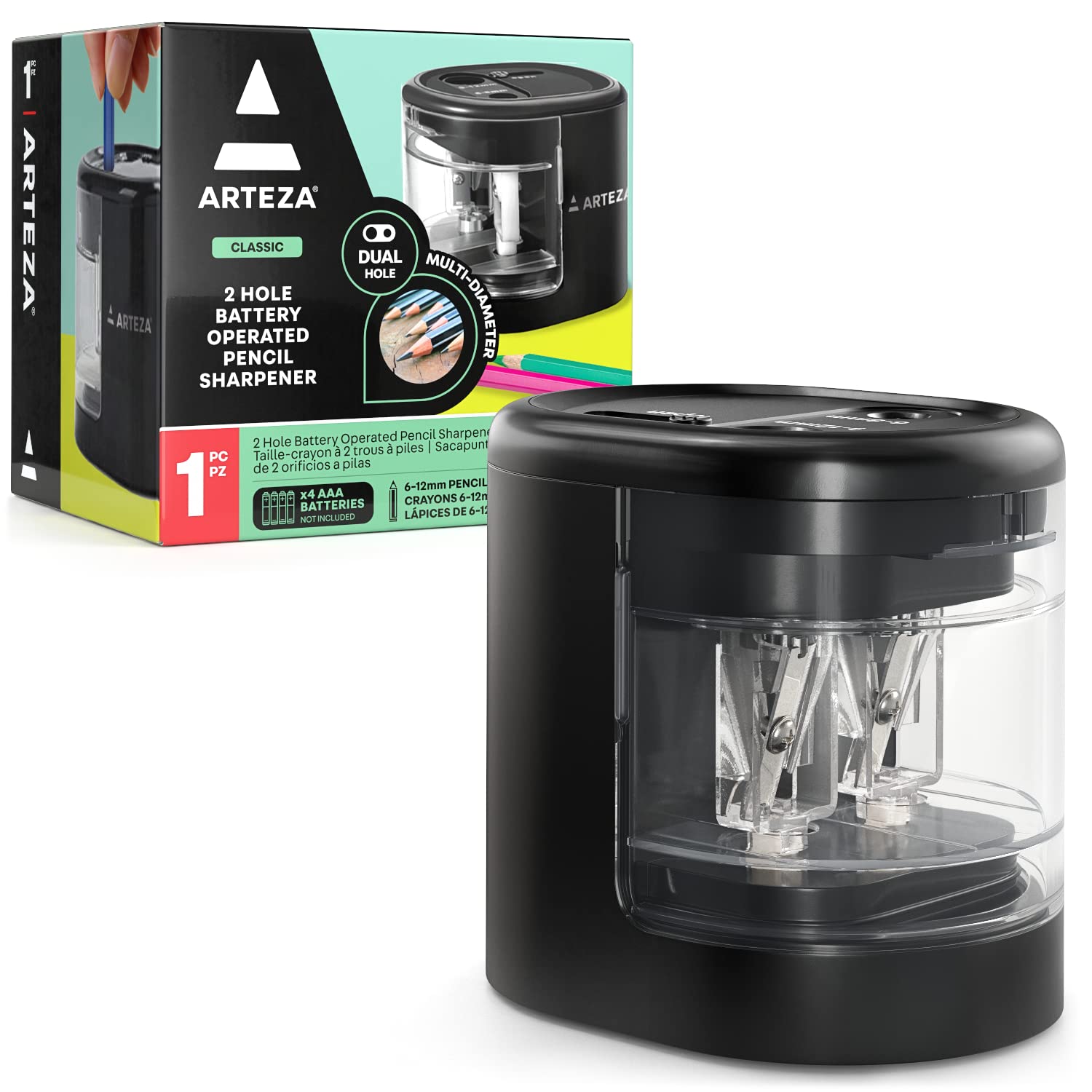 Arteza Electric Pencil Sharpener, Black, Dual-Hole, Fits 6–12-mm Pencils, Auto-Stop, Office Supplies for Teachers, Students, Classrooms, and Art Studios