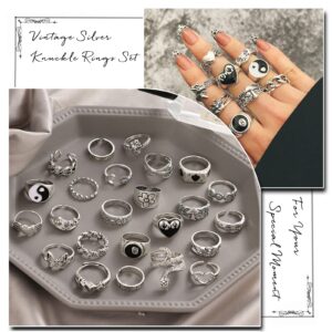 IFKM 15-63 PCS Vintage Silver Knuckle Rings Set for Women Teen Girl, Stackable Joint Finger Statement Rings Bohemian Retro Hollow Carved Midi Rings, Boho Y2k Snake Butterfly Heart Chunky Stacking