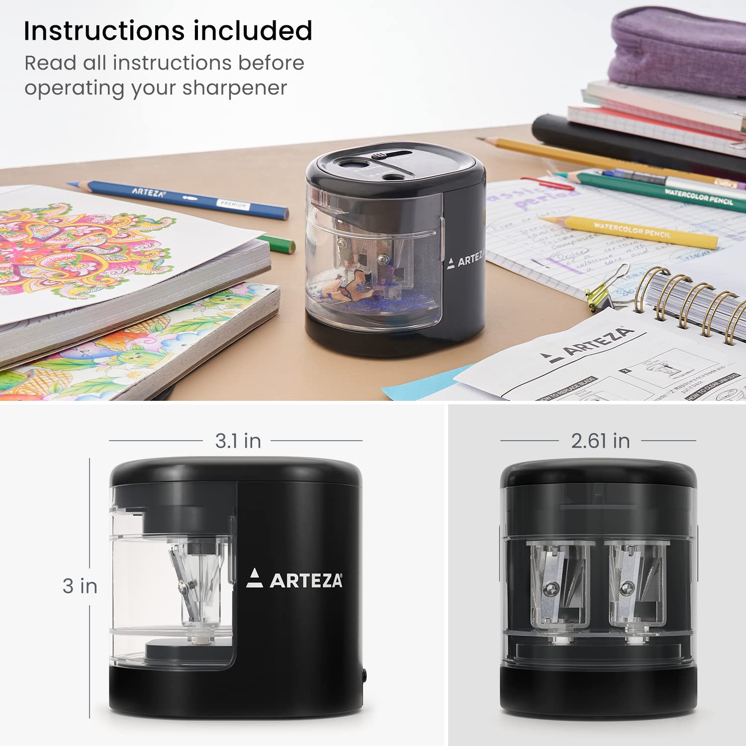 Arteza Electric Pencil Sharpener, Black, Dual-Hole, Fits 6–12-mm Pencils, Auto-Stop, Office Supplies for Teachers, Students, Classrooms, and Art Studios