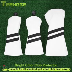 TEENGSE 3PCS PU Leather Golf Cover, Golf Club Head Covers Set with Classic Stripes for Protecting Wood Hybrid Golf Clubs, Waterproof and Lightweight