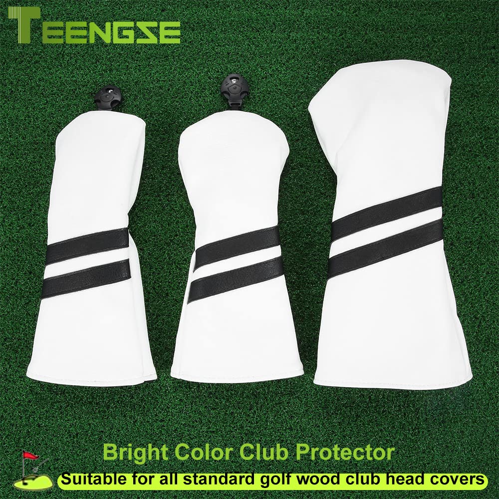 TEENGSE 3PCS PU Leather Golf Cover, Golf Club Head Covers Set with Classic Stripes for Protecting Wood Hybrid Golf Clubs, Waterproof and Lightweight