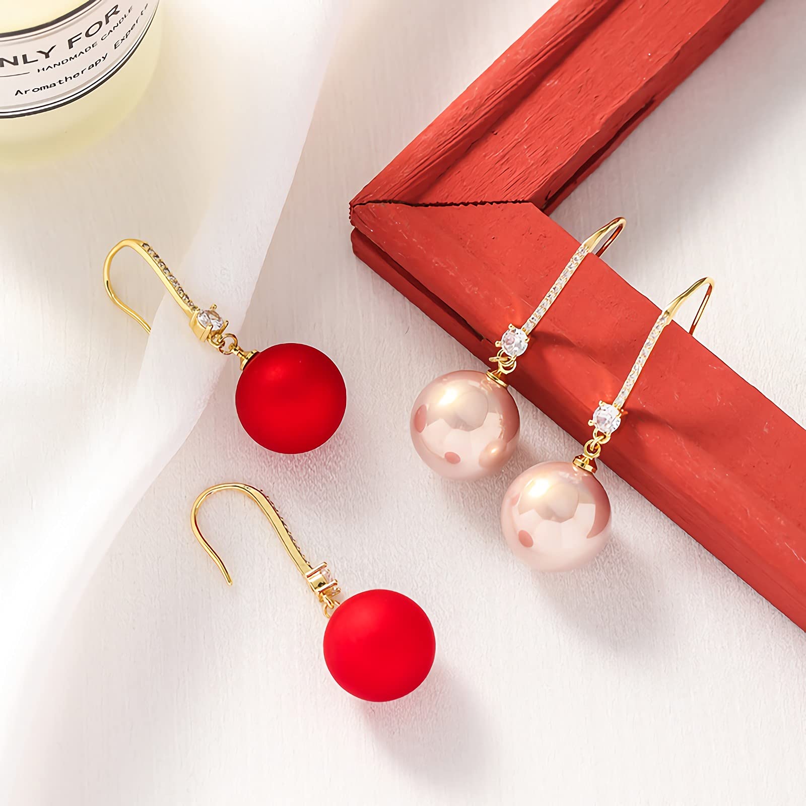 Big Pearls drop dangle Sterling Silver 18k Gold Plated Ear Hook Pearls Earrings for Women Ladies GirlS,Hypoallergenic red,White&Pink Pearls Dangle Drop Earrings with Cubic Zirconia large big Pearls Earrings(Big Pearls diameter 13-14 mm