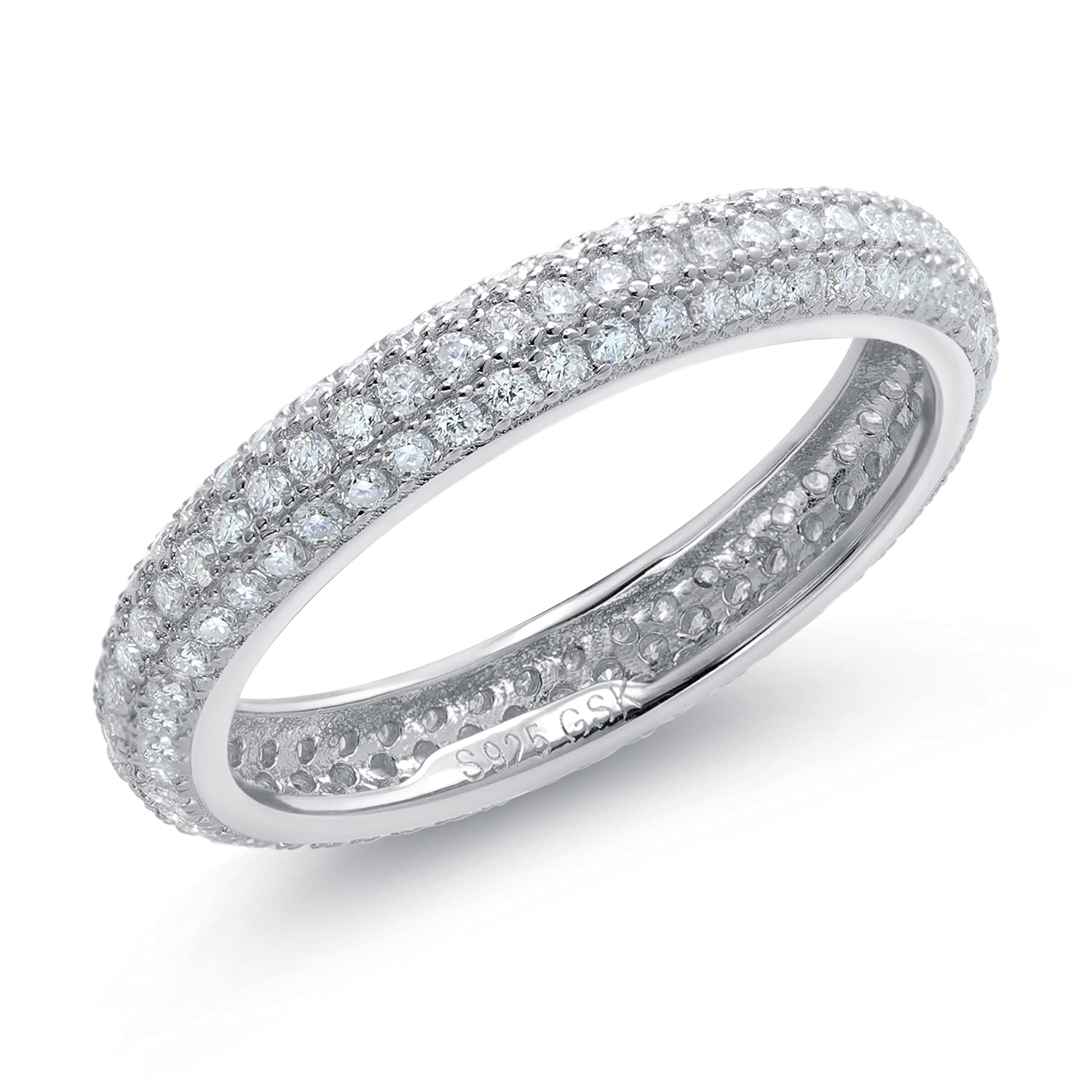 Gem Stone King 925 Sterling Silver White Moissanite Ring | 3 Rows Micro Pave Wedding Stackable Eternity Band For Women | 1.08 Cttw | Available In Size 5, 6, 7, 8, 9