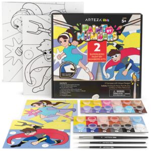 arteza kids paint by numbers kit, 10x10 inches, pre-printed superhero canvas painting kit