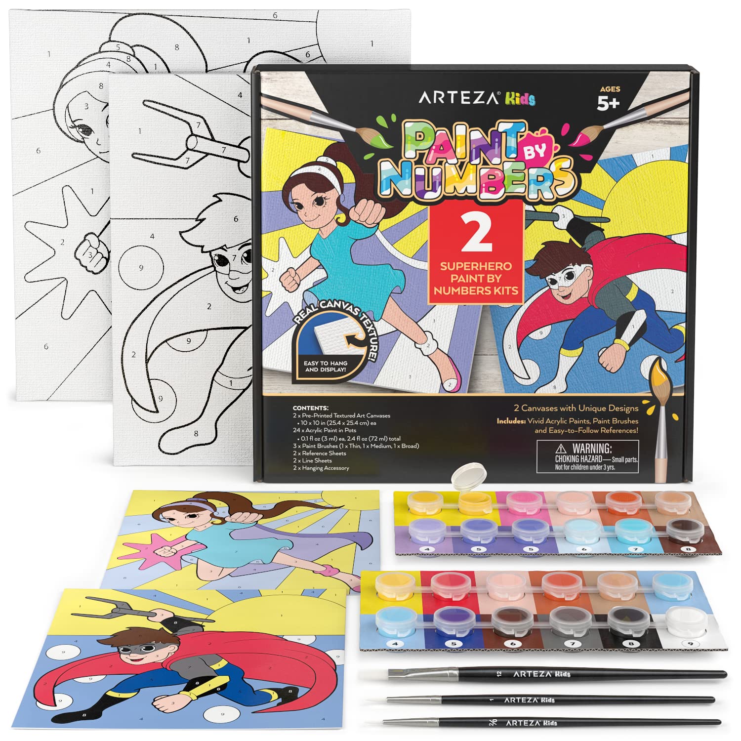 Arteza Kids Paint by Numbers Kit, 10x10 Inches, Pre-Printed Superhero Canvas Painting Kit