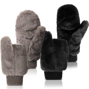 satinior faux fur mittens fingerless gloves winter warm soft half finger fuzzy lined wool mittens for women girl (black, gray,2 pair)