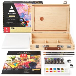 arteza watercolor paint kit, 24 pieces, 18 vibrant watercolors, 3 watercolor brushes, watercolor paper pad and canvas, and wooden storage case, art supplies for painters