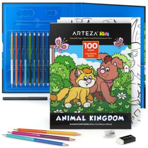 arteza kids coloring book and colored pencils kit, animal kingdom illustrations, 50 double-sided sheets, 100lb paper