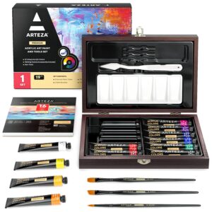 arteza acrylic paint set, 19-piece art set, includes 12 acrylic paints, 3 brushes, 1 paint palette, 1 paint knife, 1 acrylic pad, 1 mini storage case, art supplies for beginners and aspiring painters