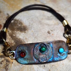 Elaine Coyne Collectible Artwear Verdigris Patina Brass Egyptian Scarab Rockband Bracelet - Carnelian, Malachite, Turquoise