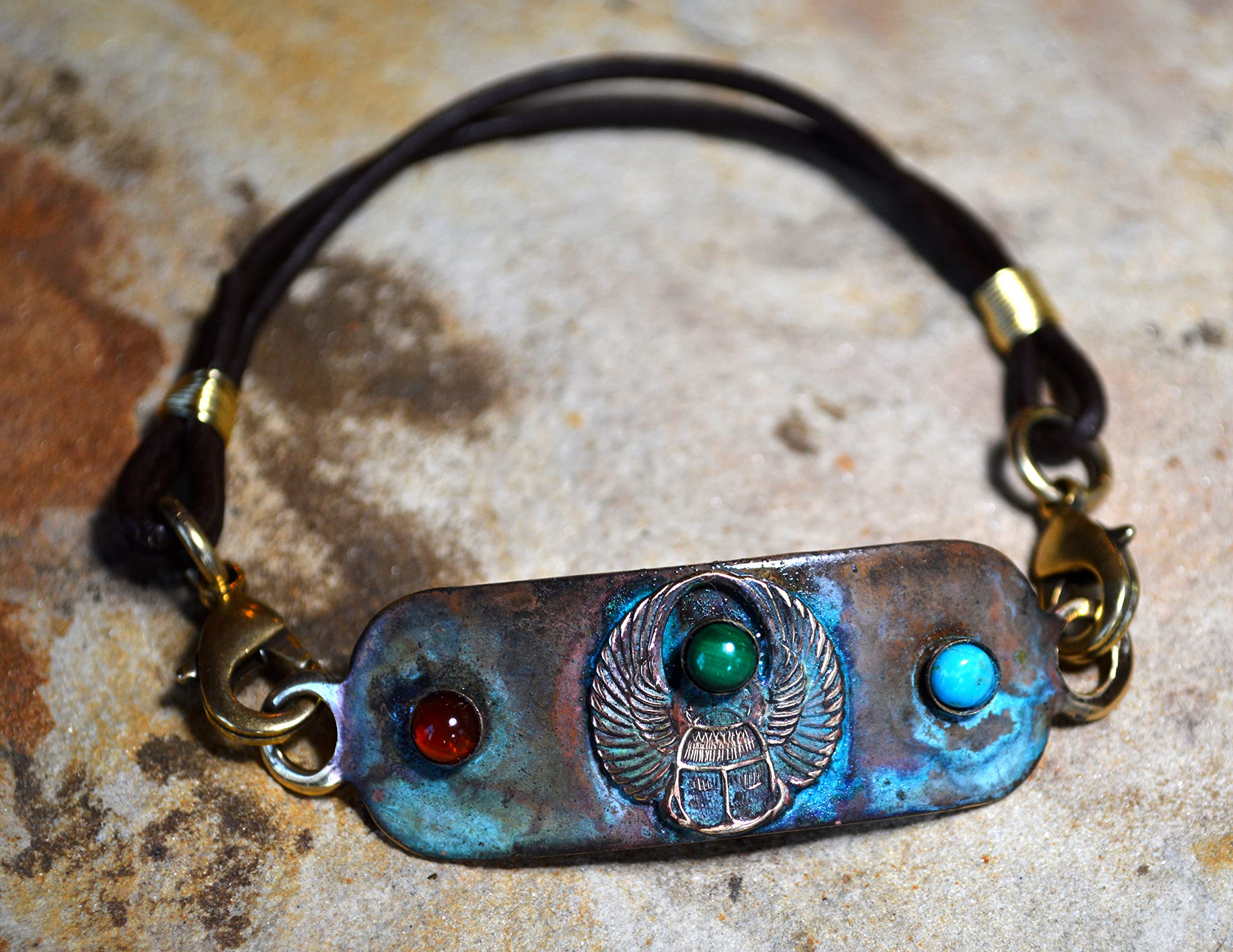 Elaine Coyne Collectible Artwear Verdigris Patina Brass Egyptian Scarab Rockband Bracelet - Carnelian, Malachite, Turquoise