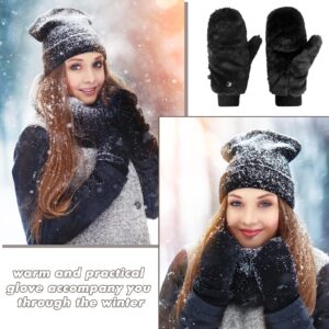 SATINIOR Faux Fur Mittens Fingerless Gloves Winter Warm Soft Half Finger Fuzzy Lined Wool Mittens for Women Girl (Black, Gray,2 Pair)