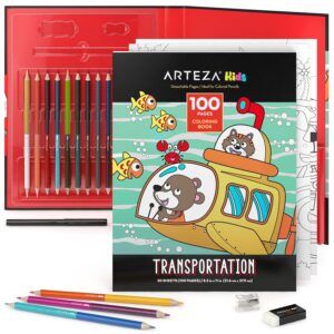 arteza kids coloring book and colored pencils set, transportation illustrations, 50 double-sided sheets, 100lb paper