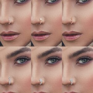 Akeoqi 16-24Pcs African Faux Nose Cuff Non Piercing Inlaid Cubic Zirconia Clip on Nose Ring Star flower Leaf Heart Shape Nose Ring Fake Nose Cuff for Women Silver Gold Rose Gold Tone