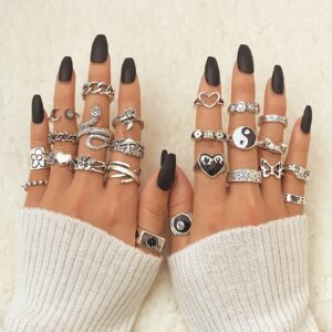 IFKM 15-63 PCS Vintage Silver Knuckle Rings Set for Women Teen Girl, Stackable Joint Finger Statement Rings Bohemian Retro Hollow Carved Midi Rings, Boho Y2k Snake Butterfly Heart Chunky Stacking