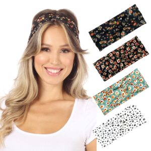 sweetkie twist front headbands - cute head wraps perfect for yoga, workouts, daywear, happy hour - fashion accessory for women, girls, teens - 4 floral patterns