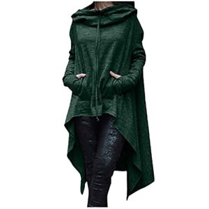 Sinzelimin Women Asymmetrical Hem Hoodie Casual Irregular Hood Sweatshirt Ladies Long Tunic Hoodies Pullover Blouse Tops Green