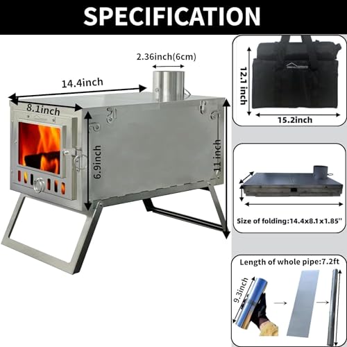 DANCHEL OUTDOOR S6 Folding Hot Tent Wood Stove for Camping 304 Stainless Steel with 7.2ft Chimney, Portable Tent Stoves Wood Burning Backpacking, Cooking