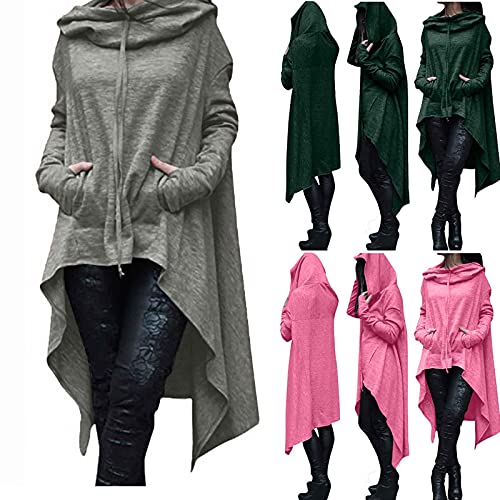 Sinzelimin Women Asymmetrical Hem Hoodie Casual Irregular Hood Sweatshirt Ladies Long Tunic Hoodies Pullover Blouse Tops Green