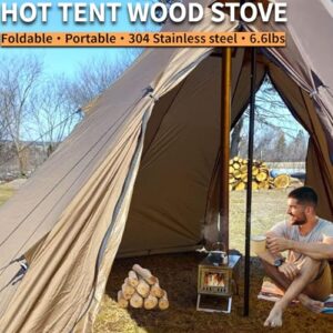 DANCHEL OUTDOOR S6 Folding Hot Tent Wood Stove for Camping 304 Stainless Steel with 7.2ft Chimney, Portable Tent Stoves Wood Burning Backpacking, Cooking