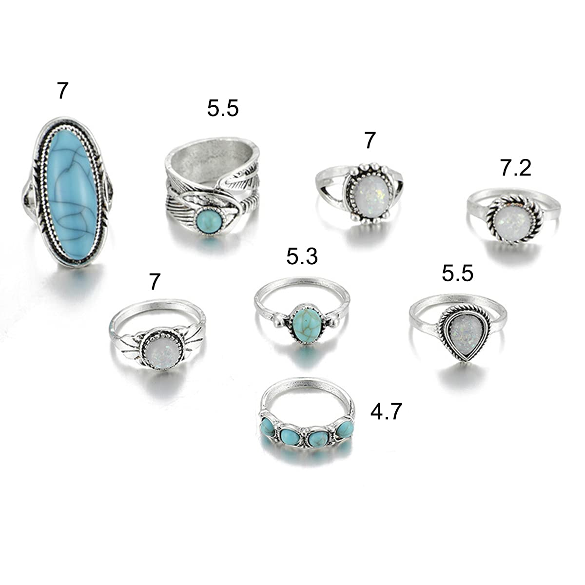 Xerling 8Pcs Boho Girls Crystal Knuckle Ring Set Gemstone Opal Joint Midi Finger Rings Oval Turquoise Teardrop Leaf Rings for Women Gothic Retro Silver Rings