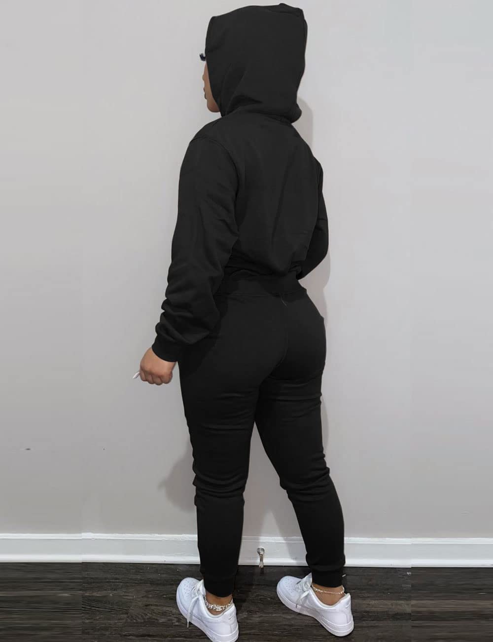 Alunzoem Jogger Sets for Women 2 Piece Long Sleeve Hooded Sweatshirt and Skinny Pants Sweatsuit Black M