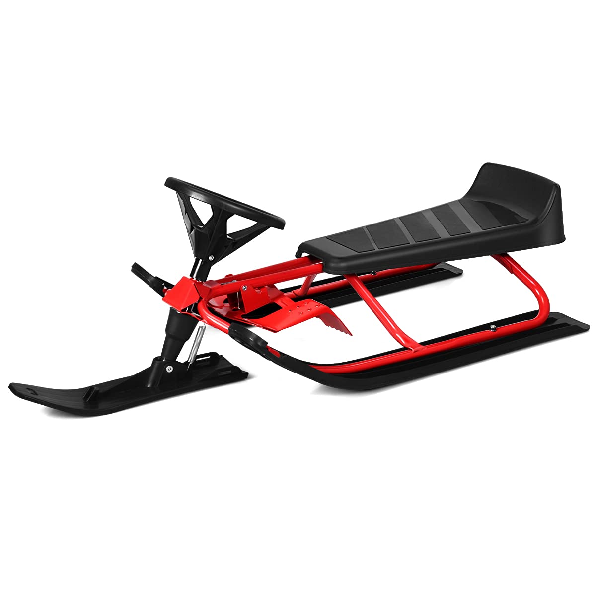 Goplus Snow Racer Sled, Ski Sled Slider Board with Twin Brakes, Steering Wheel, Retractable Pull Rope, Snow Bike Sled for Toddlers Age 4 & up, Holds Two Kids/A Teenager/an Adult