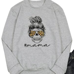 StarVnc Funny Mama Sweatshirt For Women Mom Life Leopard Skull Graphic Shirt Casual Long Sleeve Pullover Tops, Grey