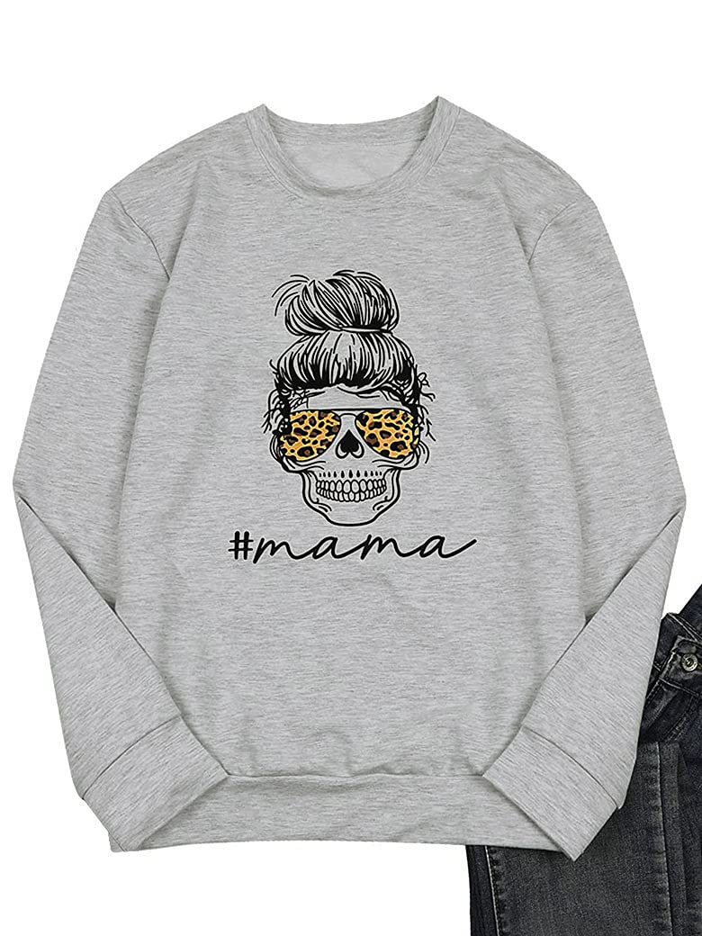 StarVnc Funny Mama Sweatshirt For Women Mom Life Leopard Skull Graphic Shirt Casual Long Sleeve Pullover Tops, Grey