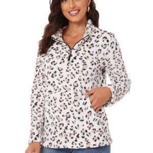 P&A Fashion Women's Long Sleeve Leopard Print Sweatshirt V Neck Quarter Zip Fleece Pullover Tops (XX-Large, White 1)