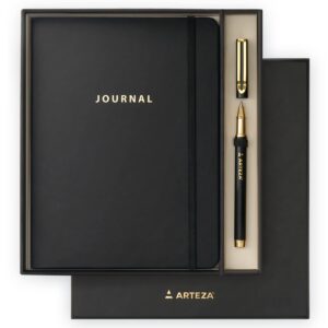 arteza journal gift set, 6 x 8 inches, 96-sheet notebook with double-sided lined paper and 1 black ink pen, black design, office supplies for graduates, students, and teachers