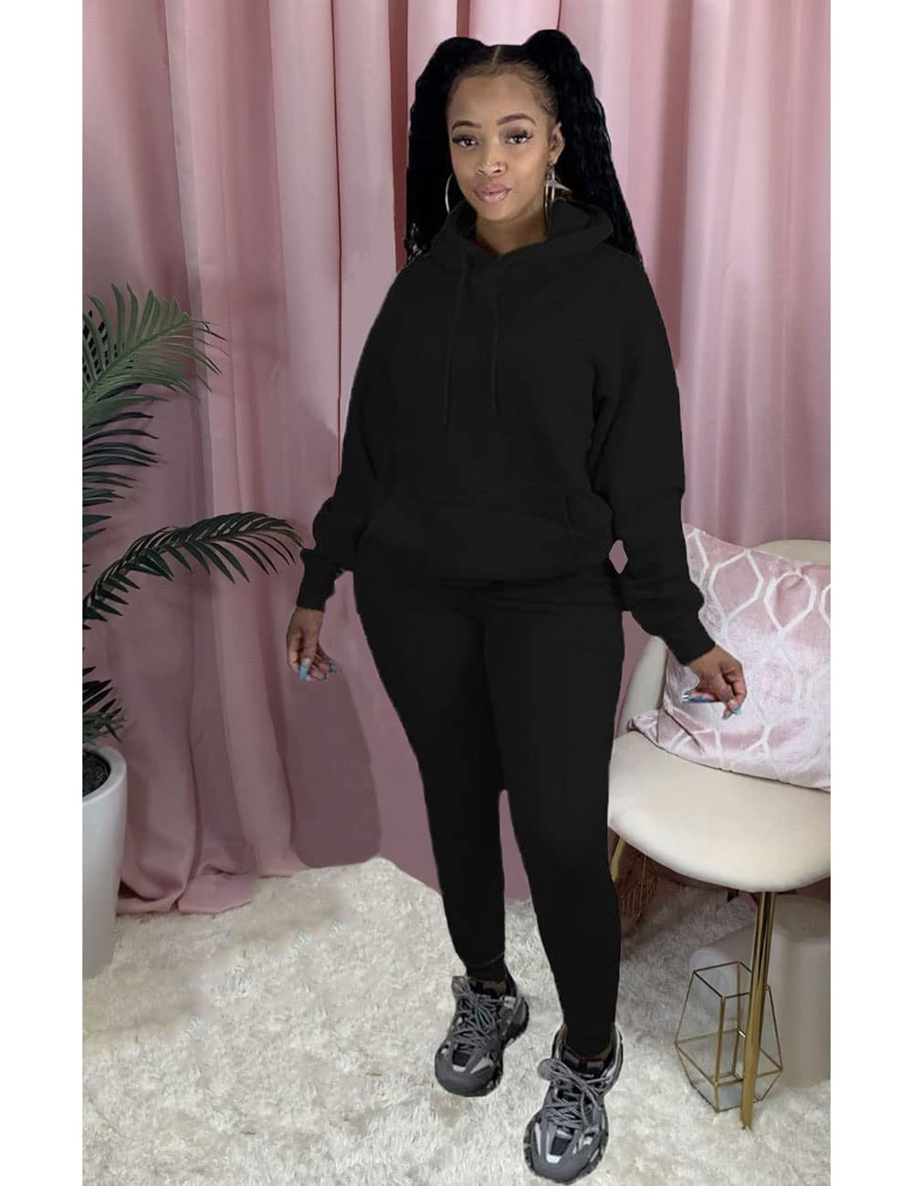 Alunzoem Jogger Sets for Women 2 Piece Long Sleeve Hooded Sweatshirt and Skinny Pants Sweatsuit Black M