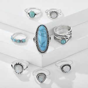 Xerling 8Pcs Boho Girls Crystal Knuckle Ring Set Gemstone Opal Joint Midi Finger Rings Oval Turquoise Teardrop Leaf Rings for Women Gothic Retro Silver Rings