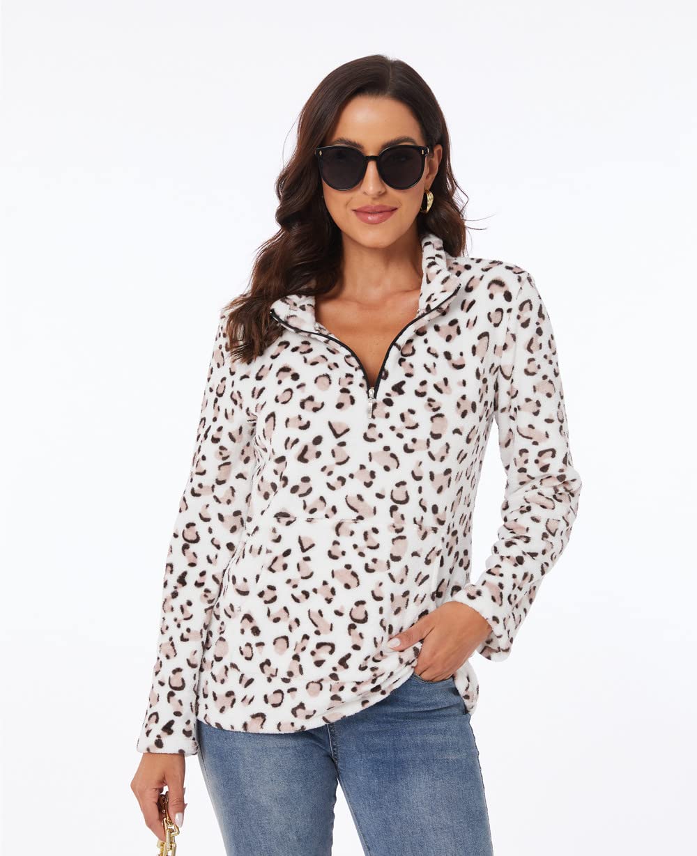 P&A Fashion Women's Long Sleeve Leopard Print Sweatshirt V Neck Quarter Zip Fleece Pullover Tops (XX-Large, White 1)