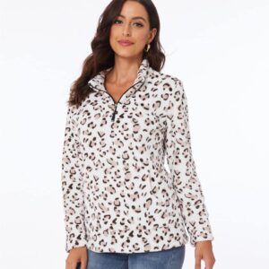 P&A Fashion Women's Long Sleeve Leopard Print Sweatshirt V Neck Quarter Zip Fleece Pullover Tops (XX-Large, White 1)